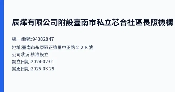 辰燁有限公司附設臺南市私立芯合社區長照機構的照片-統編 94382847(臺南市) 公司登記資料與營業項目詳細圖表
