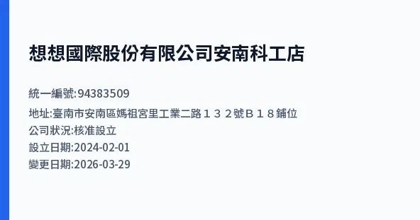想想國際股份有限公司安南科工店的照片-統編 94383509(臺南市) 公司登記資料與營業項目詳細圖表