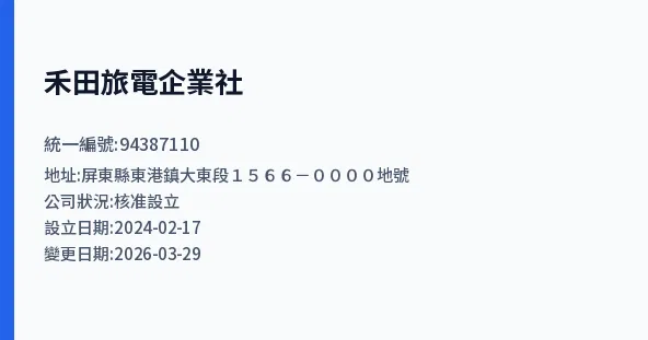 禾田旅電企業社的照片-統編 94387110(屏東縣) 公司登記資料與營業項目詳細圖表