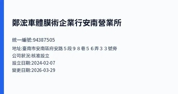 鄭浤車體膜術企業行安南營業所的照片-統編 94387505(臺南市) 公司登記資料與營業項目詳細圖表