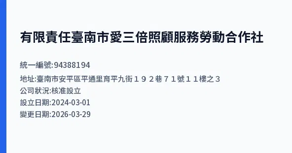 有限責任臺南市愛三倍照顧服務勞動合作社的照片-統編 94388194(臺南市) 公司登記資料與營業項目詳細圖表