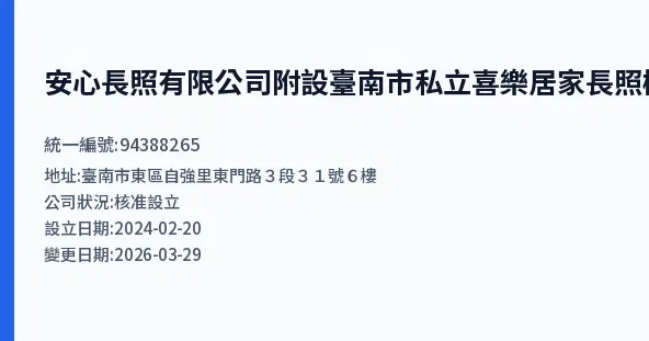 安心長照有限公司附設臺南市私立喜樂居家長照機構的照片-統編 94388265(臺南市) 公司登記資料與營業項目詳細圖表
