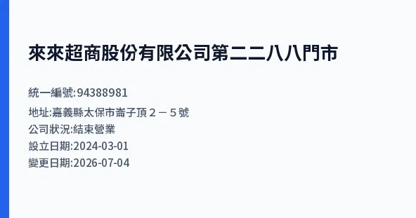來來超商股份有限公司第二二八八門市的照片-統編 94388981(嘉義縣) 公司登記資料與營業項目詳細圖表