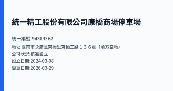 統一精工股份有限公司康橋商場停車場的照片-統編 94389362(臺南市) 公司登記資料與營業項目詳細圖表