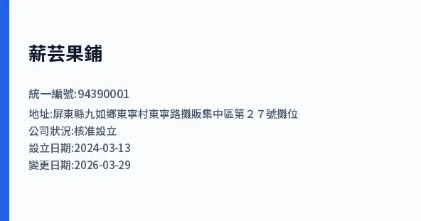 薪芸果鋪的照片-統編 94390001(屏東縣) 公司登記資料與營業項目詳細圖表