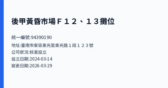 後甲黃昏市場F12、13攤位的照片-統編 94390190(臺南市) 公司登記資料與營業項目詳細圖表