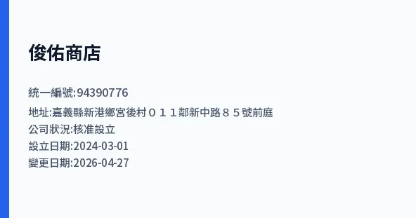 俊佑商店的照片-統編 94390776(嘉義縣) 公司登記資料與營業項目詳細圖表