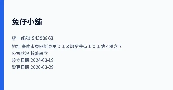 兔仔小舖的照片-統編 94390868(臺南市) 公司登記資料與營業項目詳細圖表