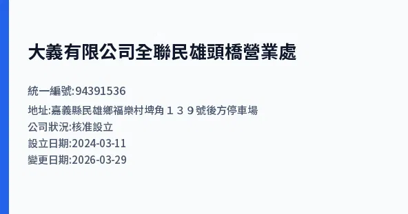 大義有限公司全聯民雄頭橋營業處的照片-統編 94391536(嘉義縣) 公司登記資料與營業項目詳細圖表