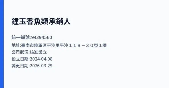 鍾玉香魚類承銷人的照片-統編 94394560(臺南市) 公司登記資料與營業項目詳細圖表