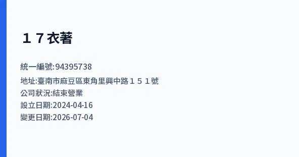 17衣著的照片-統編 94395738(臺南市) 公司登記資料與營業項目詳細圖表