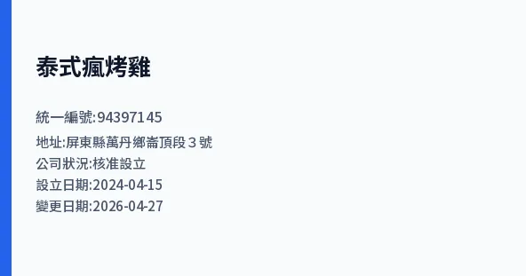 泰式瘋烤雞的照片-統編 94397145(屏東縣) 公司登記資料與營業項目詳細圖表