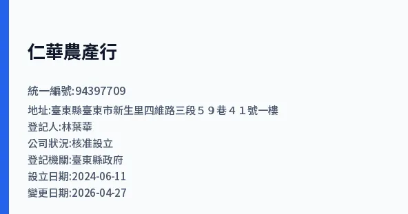 仁華農產行的照片-統編 94397709(臺東縣) 公司登記資料與營業項目詳細圖表