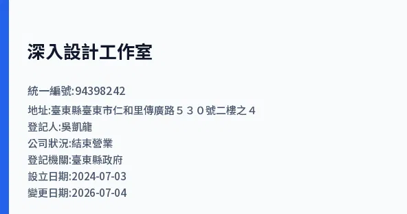 深入設計工作室的照片-統編 94398242(臺東縣) 公司登記資料與營業項目詳細圖表