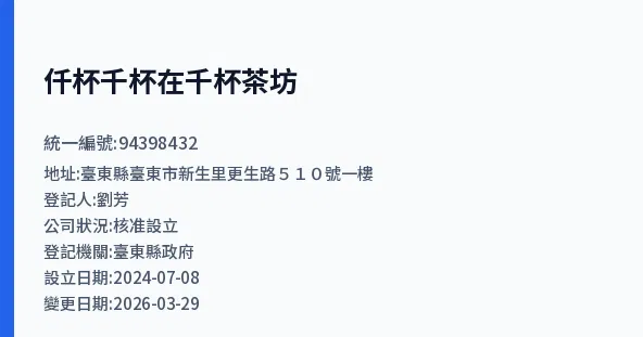 仟杯千杯在千杯茶坊的照片-統編 94398432(臺東縣) 公司登記資料與營業項目詳細圖表