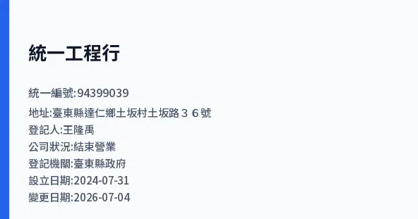 統一工程行的照片-統編 94399039(臺東縣) 公司登記資料與營業項目詳細圖表