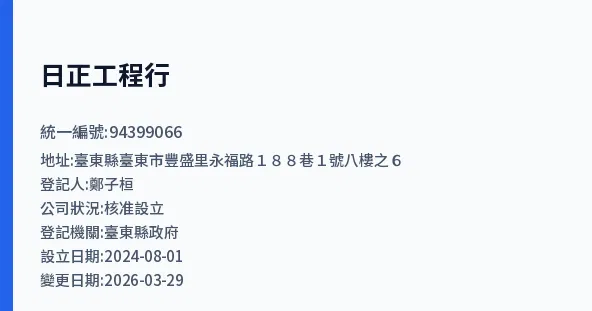 日正工程行的照片-統編 94399066(臺東縣) 公司登記資料與營業項目詳細圖表