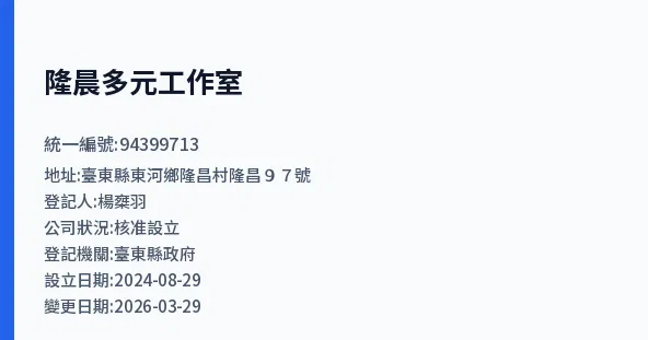 隆晨多元工作室的照片-統編 94399713(臺東縣) 公司登記資料與營業項目詳細圖表