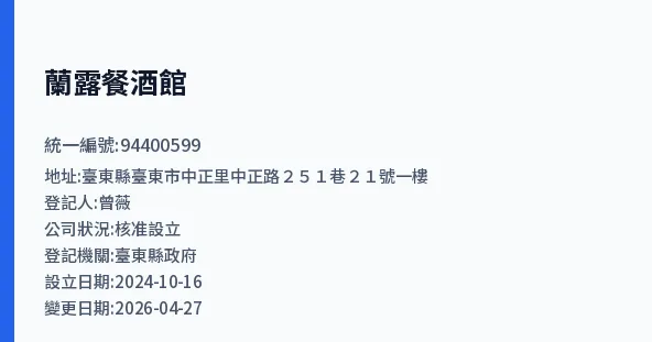 蘭露餐酒館的照片-統編 94400599(臺東縣) 公司登記資料與營業項目詳細圖表