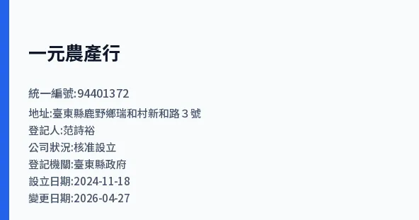 一元農產行的照片-統編 94401372(臺東縣) 公司登記資料與營業項目詳細圖表