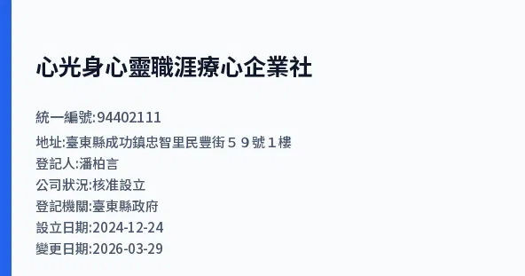 心光身心靈職涯療心企業社的照片-統編 94402111(臺東縣) 公司登記資料與營業項目詳細圖表