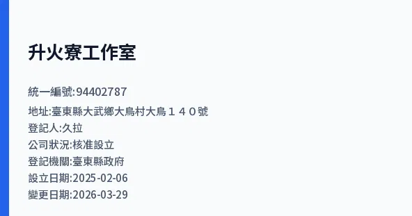 升火寮工作室的照片-統編 94402787(臺東縣) 公司登記資料與營業項目詳細圖表