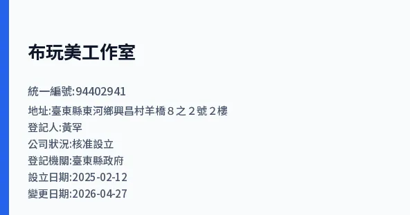 布玩美工作室的照片-統編 94402941(臺東縣) 公司登記資料與營業項目詳細圖表