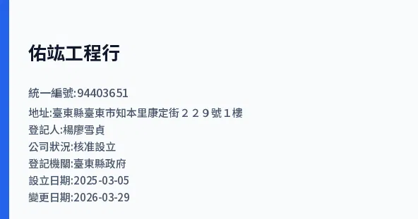 佑竑工程行的照片-統編 94403651(臺東縣) 公司登記資料與營業項目詳細圖表