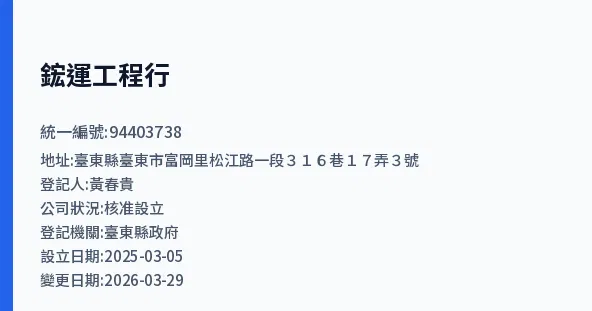 鋐運工程行的照片-統編 94403738(臺東縣) 公司登記資料與營業項目詳細圖表