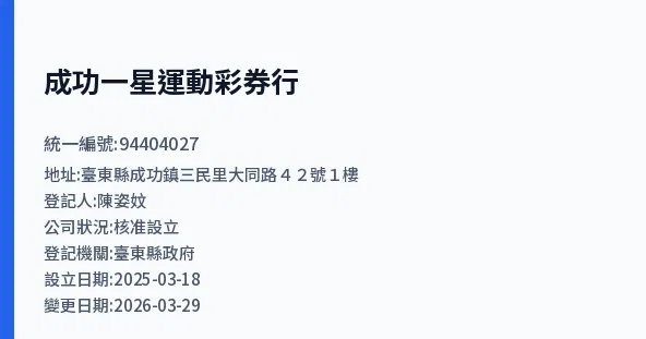 成功一星運動彩券行的照片-統編 94404027(臺東縣) 公司登記資料與營業項目詳細圖表