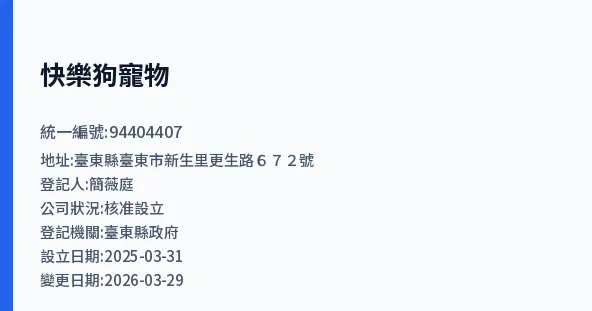 快樂狗寵物的照片-統編 94404407(臺東縣) 公司登記資料與營業項目詳細圖表