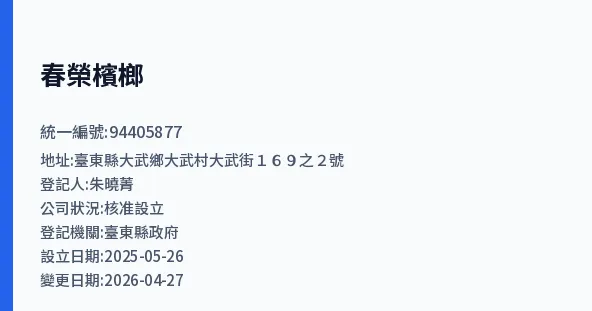 春榮檳榔的照片-統編 94405877(臺東縣) 公司登記資料與營業項目詳細圖表