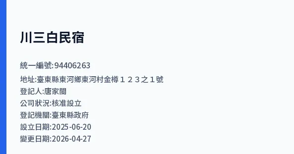 川三白民宿的照片-統編 94406263(臺東縣) 公司登記資料與營業項目詳細圖表