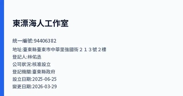 東漂海人工作室的照片-統編 94406382(臺東縣) 公司登記資料與營業項目詳細圖表