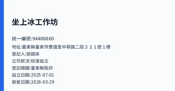 坐上冰工作坊的照片-統編 94406860(臺東縣) 公司登記資料與營業項目詳細圖表