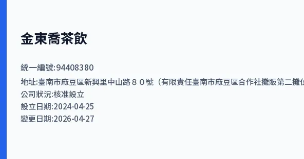 金東喬茶飲的照片-統編 94408380(臺南市) 公司登記資料與營業項目詳細圖表