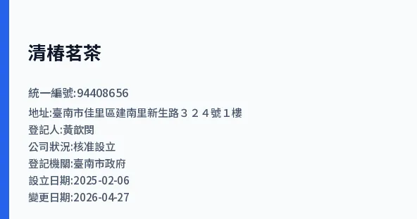 清椿茗茶的照片-統編 94408656(臺南市) 公司登記資料與營業項目詳細圖表