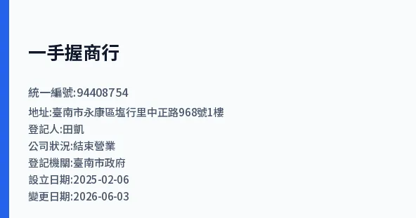 一手握商行的照片-統編 94408754(臺南市) 公司登記資料與營業項目詳細圖表