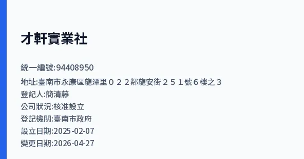 才軒實業社的照片-統編 94408950(臺南市) 公司登記資料與營業項目詳細圖表