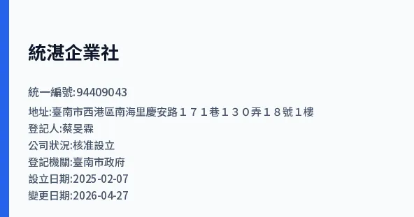 統湛企業社的照片-統編 94409043(臺南市) 公司登記資料與營業項目詳細圖表