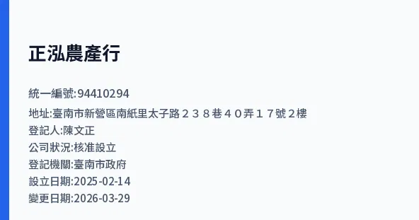 正泓農產行的照片-統編 94410294(臺南市) 公司登記資料與營業項目詳細圖表