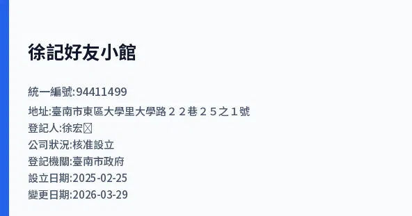 徐記好友小館的照片-統編 94411499(臺南市) 公司登記資料與營業項目詳細圖表