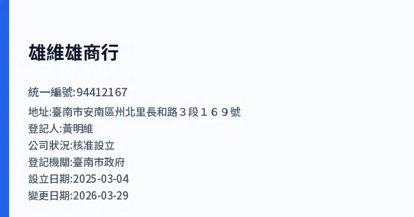 雄維雄商行的照片-統編 94412167(臺南市) 公司登記資料與營業項目詳細圖表