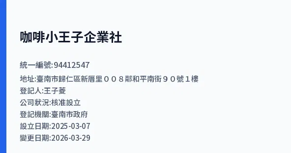 咖啡小王子企業社的照片-統編 94412547(臺南市) 公司登記資料與營業項目詳細圖表