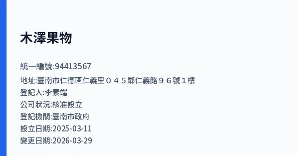 木澤果物的照片-統編 94413567(臺南市) 公司登記資料與營業項目詳細圖表