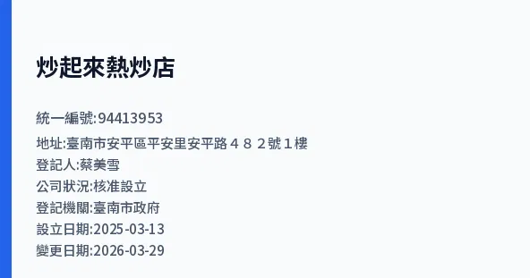 炒起來熱炒店的照片-統編 94413953(臺南市) 公司登記資料與營業項目詳細圖表
