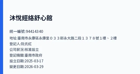 沐悅經絡舒心館的照片-統編 94414340(臺南市) 公司登記資料與營業項目詳細圖表