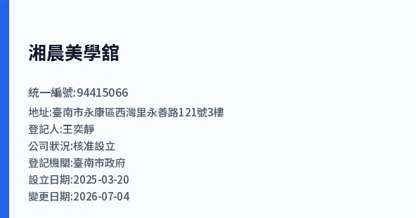 湘晨美學舘的照片-統編 94415066(臺南市) 公司登記資料與營業項目詳細圖表