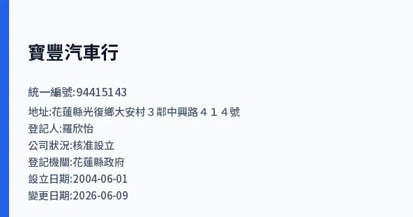 寶豐汽車行的照片-統編 94415143(花蓮縣) 公司登記資料與營業項目詳細圖表