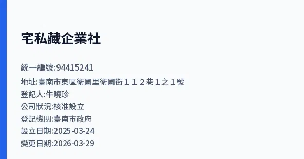 宅私藏企業社的照片-統編 94415241(臺南市) 公司登記資料與營業項目詳細圖表